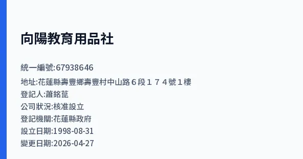 向陽教育用品社的照片-統編 67938646(花蓮縣) 公司登記資料與營業項目詳細圖表