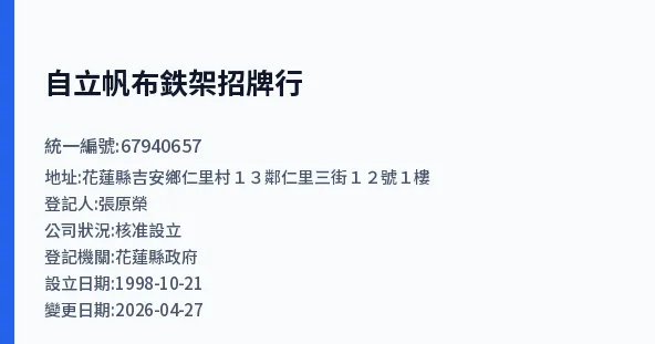 自立帆布鉄架招牌行的照片-統編 67940657(花蓮縣) 公司登記資料與營業項目詳細圖表