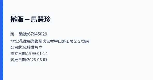 攤販-馬慧珍的照片-統編 67945029(花蓮縣) 公司登記資料與營業項目詳細圖表