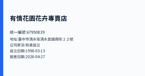 有情花園花卉專賣店的照片-統編 67950839(臺中市) 公司登記資料與營業項目詳細圖表
