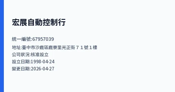 宏展自動控制行的照片-統編 67957039(臺中市) 公司登記資料與營業項目詳細圖表