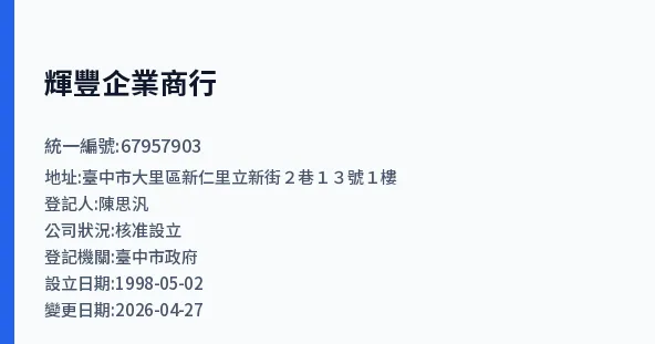 輝豐企業商行的照片-統編 67957903(臺中市) 公司登記資料與營業項目詳細圖表
