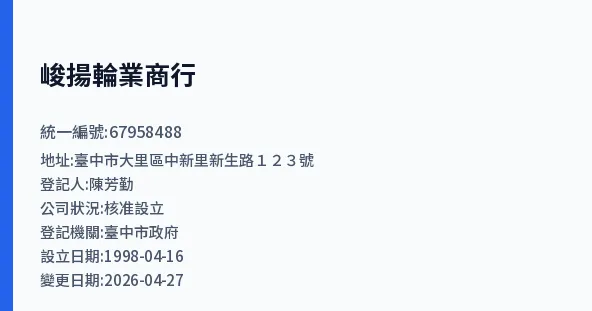 峻揚輪業商行的照片-統編 67958488(臺中市) 公司登記資料與營業項目詳細圖表