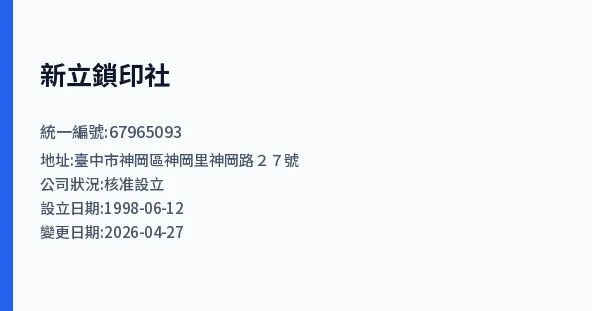 新立鎖印社的照片-統編 67965093(臺中市) 公司登記資料與營業項目詳細圖表