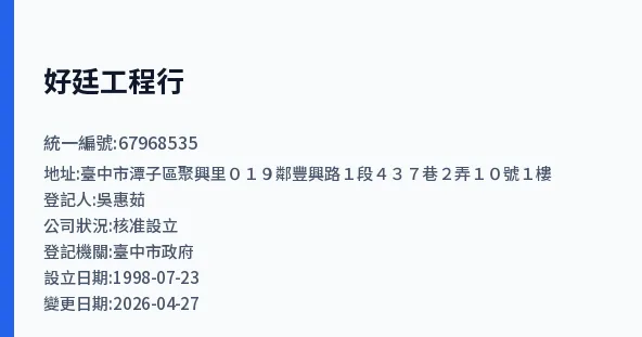 好廷工程行的照片-統編 67968535(臺中市) 公司登記資料與營業項目詳細圖表