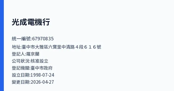 光成電機行的照片-統編 67970835(臺中市) 公司登記資料與營業項目詳細圖表