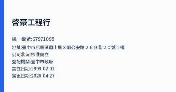 啓豪工程行的照片-統編 67971095(臺中市) 公司登記資料與營業項目詳細圖表