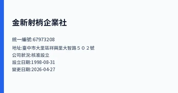 金新射梢企業社的照片-統編 67973208(臺中市) 公司登記資料與營業項目詳細圖表