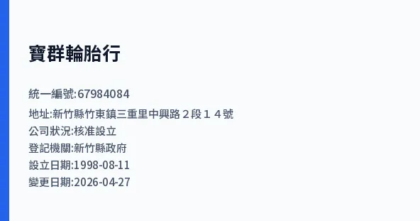 寶群輪胎行的照片-統編 67984084(新竹縣) 公司登記資料與營業項目詳細圖表