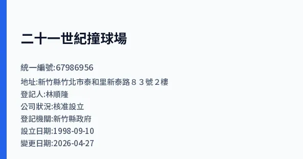 二十一世紀撞球場的照片-統編 67986956(新竹縣) 公司登記資料與營業項目詳細圖表