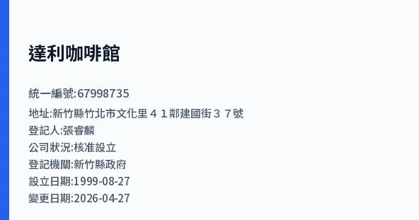 達利咖啡館的照片-統編 67998735(新竹縣) 公司登記資料與營業項目詳細圖表