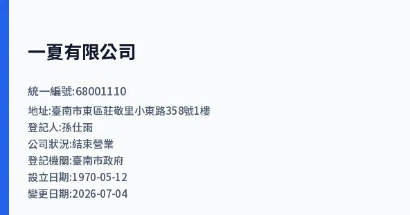 一夏有限公司的照片-統編 68001110(臺南市) 公司登記資料與營業項目詳細圖表