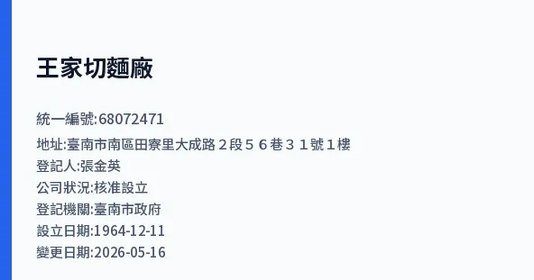 王家切麵廠的照片-統編 68072471(臺南市) 公司登記資料與營業項目詳細圖表