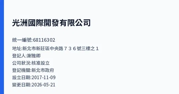 光洲國際開發有限公司的照片-統編 68116302(新北市) 公司登記資料與營業項目詳細圖表