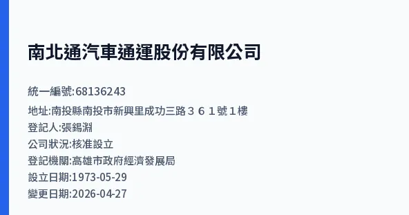 南北通汽車通運股份有限公司的照片-統編 68136243(南投縣) 公司登記資料與營業項目詳細圖表