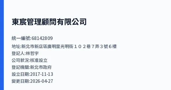 東宸管理顧問有限公司的照片-統編 68142809(新北市) 公司登記資料與營業項目詳細圖表