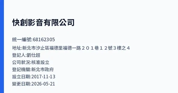 快創影音有限公司的照片-統編 68162305(新北市) 公司登記資料與營業項目詳細圖表