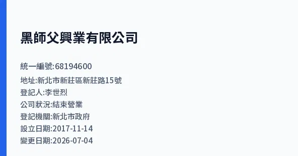 黑師父興業有限公司的照片-統編 68194600(新北市) 公司登記資料與營業項目詳細圖表