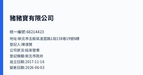 豬豬寶有限公司的照片-統編 68214423(新北市) 公司登記資料與營業項目詳細圖表