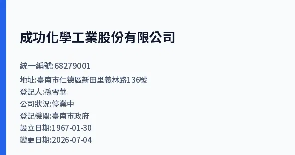 成功化學工業股份有限公司的照片-統編 68279001(臺南市) 公司登記資料與營業項目詳細圖表