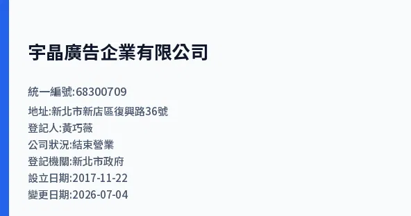 宇晶廣告企業有限公司的照片-統編 68300709(新北市) 公司登記資料與營業項目詳細圖表
