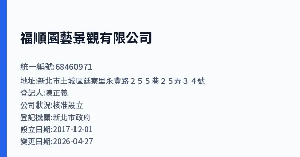 福順園藝景觀有限公司的照片-統編 68460971(新北市) 公司登記資料與營業項目詳細圖表