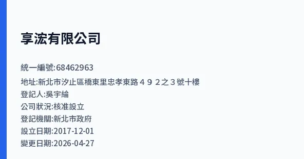 享浤有限公司的照片-統編 68462963(新北市) 公司登記資料與營業項目詳細圖表