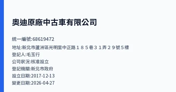 奧迪原廠中古車有限公司的照片-統編 68619472(新北市) 公司登記資料與營業項目詳細圖表