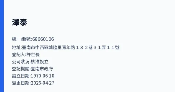 澤泰的照片-統編 68660106(臺南市) 公司登記資料與營業項目詳細圖表