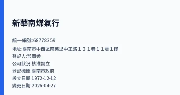 新華南煤氣行的照片-統編 68778359(臺南市) 公司登記資料與營業項目詳細圖表