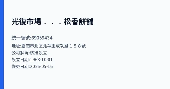 光復市場﹒﹒﹒松香餅舖的照片-統編 69059434(臺南市) 公司登記資料與營業項目詳細圖表