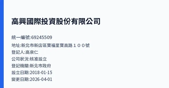 高興國際投資股份有限公司的照片-統編 69245509(新北市) 公司登記資料與營業項目詳細圖表