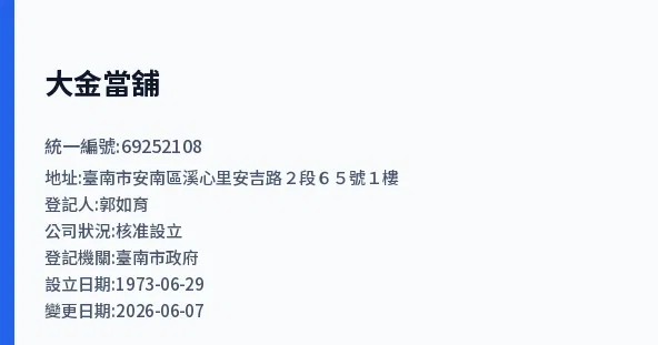 大金當舖的照片-統編 69252108(臺南市) 公司登記資料與營業項目詳細圖表