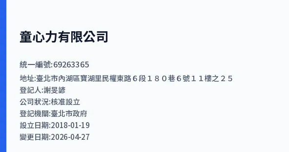 童心力有限公司的照片-統編 69263365(臺北市) 公司登記資料與營業項目詳細圖表