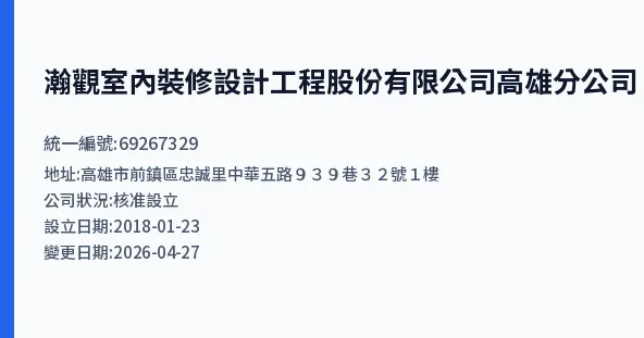 瀚觀室內裝修設計工程股份有限公司高雄分公司的照片-統編 69267329(高雄市) 公司登記資料與營業項目詳細圖表