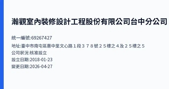 瀚觀室內裝修設計工程股份有限公司台中分公司的照片-統編 69267427(臺中市) 公司登記資料與營業項目詳細圖表