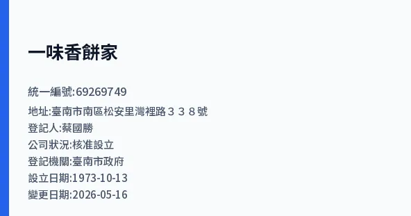 一味香餅家的照片-統編 69269749(臺南市) 公司登記資料與營業項目詳細圖表
