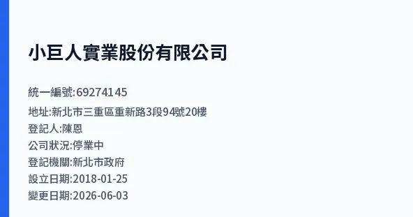 小巨人實業股份有限公司的照片-統編 69274145(新北市) 公司登記資料與營業項目詳細圖表