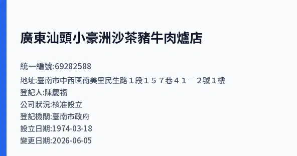 廣東汕頭小豪洲沙茶豬牛肉爐店的照片-統編 69282588(臺南市) 公司登記資料與營業項目詳細圖表