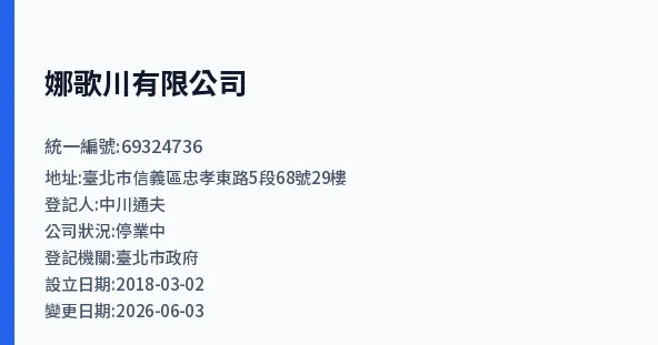 娜歌川有限公司的照片-統編 69324736(臺北市) 公司登記資料與營業項目詳細圖表
