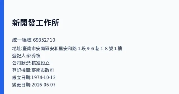 新開發工作所的照片-統編 69352710(臺南市) 公司登記資料與營業項目詳細圖表