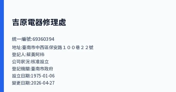 吉原電器修理處的照片-統編 69360394(臺南市) 公司登記資料與營業項目詳細圖表