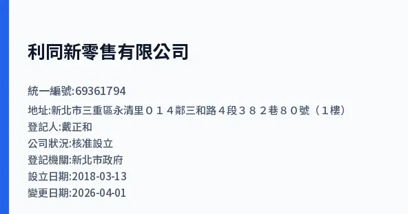 利同新零售有限公司的照片-統編 69361794(新北市) 公司登記資料與營業項目詳細圖表