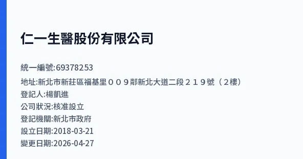 仁一生醫股份有限公司的照片-統編 69378253(新北市) 公司登記資料與營業項目詳細圖表