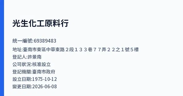 光生化工原料行的照片-統編 69389483(臺南市) 公司登記資料與營業項目詳細圖表