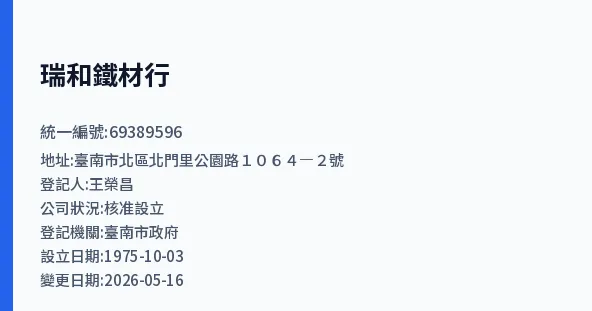 瑞和鐵材行的照片-統編 69389596(臺南市) 公司登記資料與營業項目詳細圖表