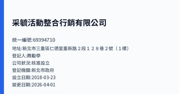 采毓活動整合行銷有限公司的照片-統編 69394710(新北市) 公司登記資料與營業項目詳細圖表