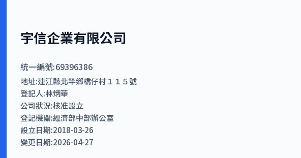 宇信企業有限公司的照片-統編 69396386(連江縣) 公司登記資料與營業項目詳細圖表
