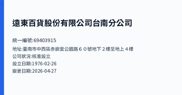 遠東百貨股份有限公司台南分公司的照片-統編 69403915(臺南市) 公司登記資料與營業項目詳細圖表