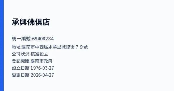 承興佛俱店的照片-統編 69408284(臺南市) 公司登記資料與營業項目詳細圖表